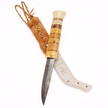 KNIFE, Sami work, horn, wood and leather, signed AM, dated 1979 ...