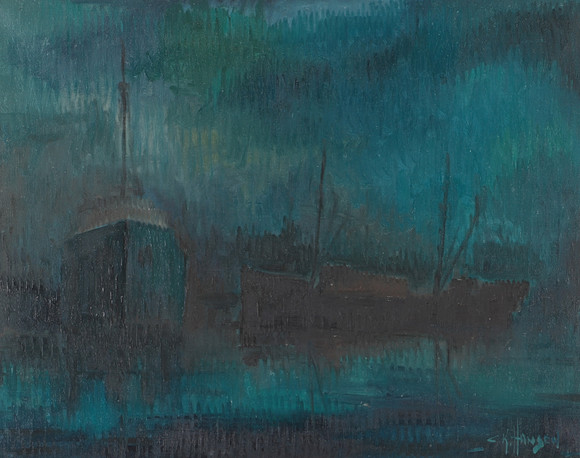 CARLO KNUD HANSEN. Natt i hamn Göteborg, olja på duk, signerad C.K ...