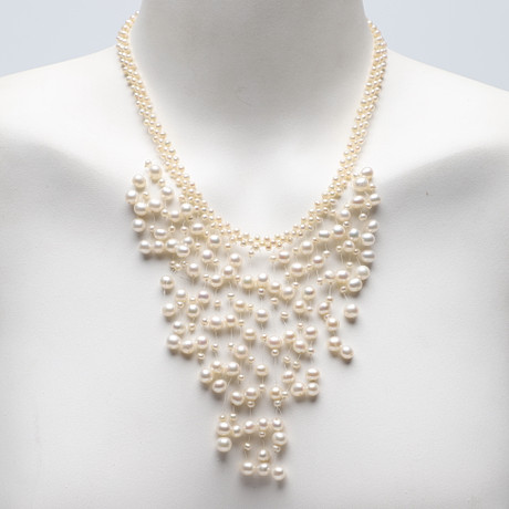 PEARL NECKLACE with pearl fringes, clasp in silver, semi-baroque pearls ...
