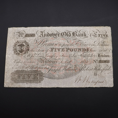 AN ANDOVER OLD BANK FIVE POUND NOTE, 1825. Coins, Medals & Stamps ...