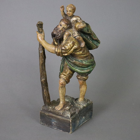 - ST. CHRISTOPHORUS - Södra Tyskland, trä, helt rund snidad, färgad ram ...