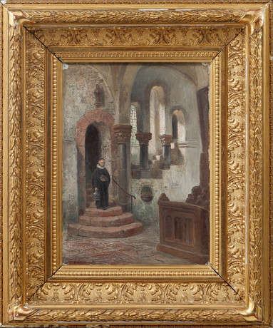 FRANS WILHELM ODELMARK. Munk i kyrkobyggnad. Olja på duk, signerad ...