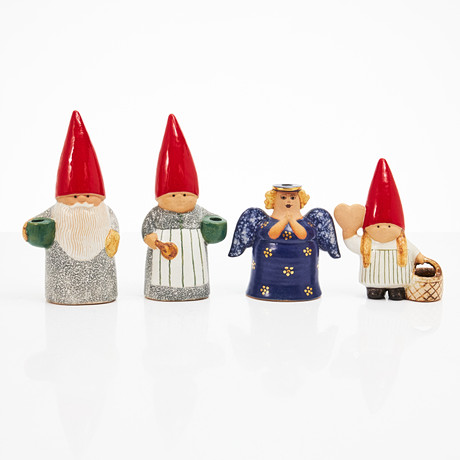 LISA LARSON. Figuriner, 4 st., tomtar ängel, signerade, stengods ...