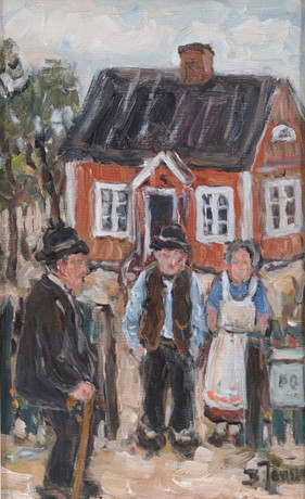 BROR JÖNSSON. Skvaller vid grinden, olja på duk, signerad. Konst ...