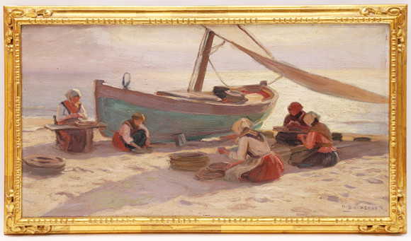 DIONÍS BAIXERAS. BOAT AND FISHERMEN ON THE BEACH. OIL ON CANVAS. Art ...