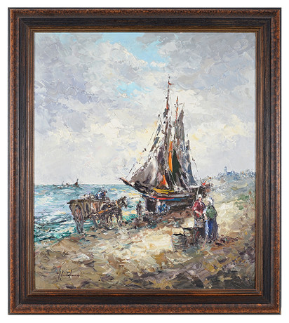 UNBEKANNTER KÜNSTLER. "Dutch Beach Scene with Sailing Boat". Oil on ...