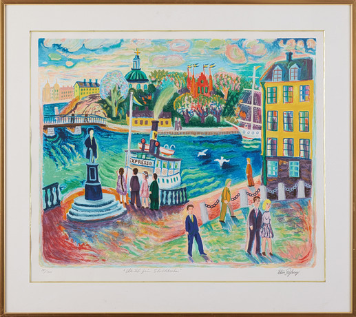 ELIS RYBERG. "Utsikt från Stockholm", färglitografi, signerad Elis ...