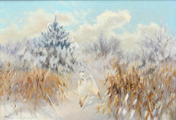 HENNING HAUGAARD. Oil on canvas, hare in winter landscape, signed. Art ...