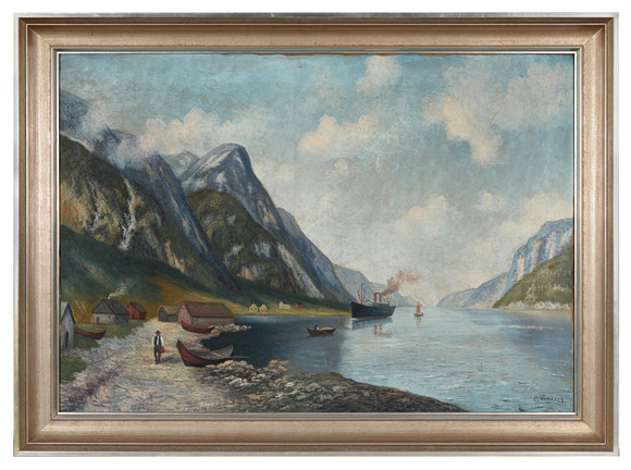 C. BAUER. Fjordlandskap med ångbåt. Olja på duk. Konst - Måleri - Auctionet
