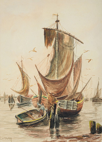 LIERMANN. ”Fiskebåtar i hamnen”. Akvarell på papper. Konst - Måleri ...