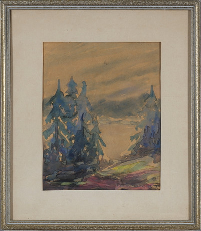 ERIC LUNDBERG. Watercolor, landscape with fir trees, signed and dated ...
