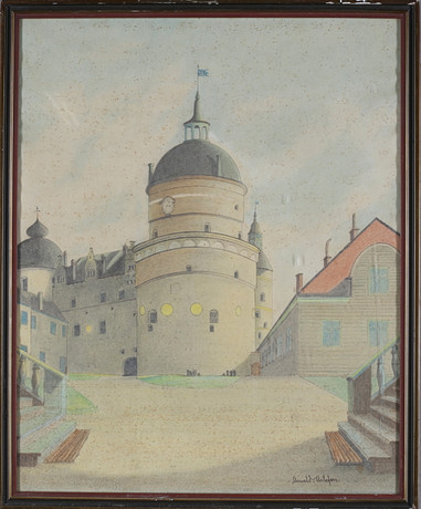 OIDENTIFIERAD KONSTNÄR. Blandteknik, "Gripsholms Slott", signerad ...