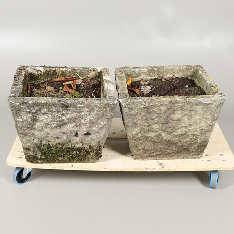 A PAIR OF GARDEN COMPOSITE STONE TAPERING SQUARE PLANTERS. Furniture ...