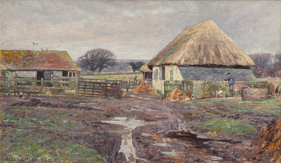 HAMILTON JAY (FL. 1875-1913). A FIGURE IN A FARMYARD A LANDSCAPE BEYOND ...