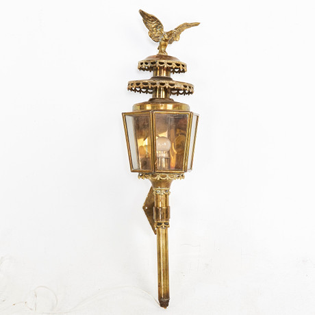 WAGON LANTERN, brass and glass, with molded decoration in the form of ...