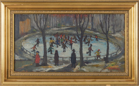 GUNNAR SUNDBERG (1915-1963) Park landscape with skating children, oil ...