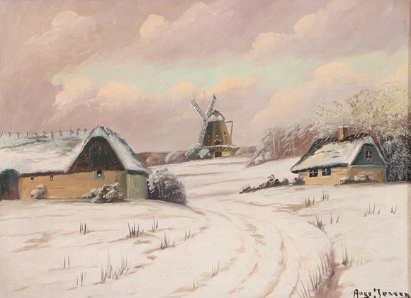 AAGE JESSEN. Winter landscape with moth, oil on canvas, signed. Art ...