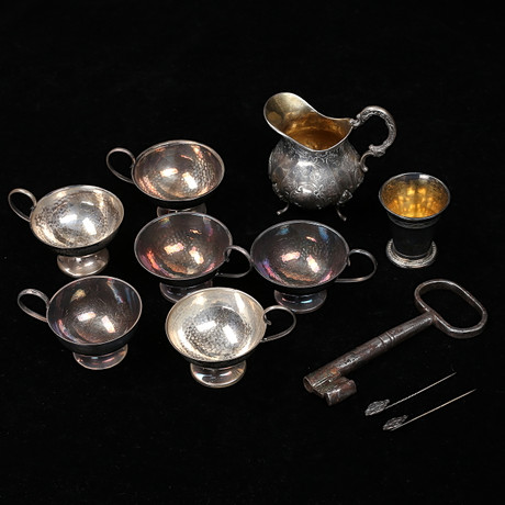 SILVER OBJECTS, 10 pieces, weight 367 grams and KEY, iron, 19th century ...