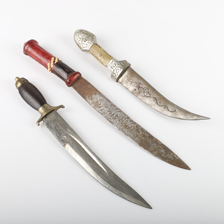 DAGGERs with scabbards, 3 pieces, metal/leather/textile, India, 20th ...