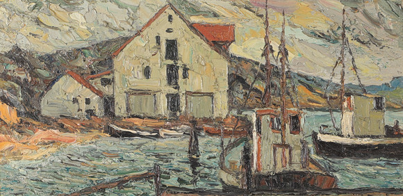 FINN ANDERSEN. Fishing port, oil on canvas, signed and sealed. Art ...