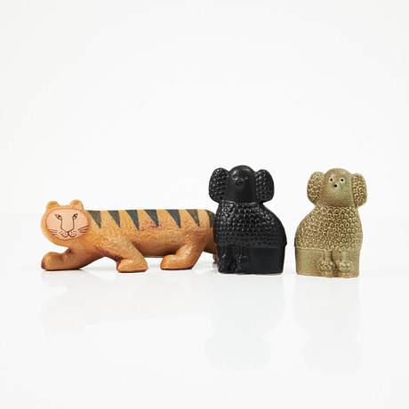 LISA LARSON. Figurines, 3 pcs, poodles, tiger, stoneware, glazed ...