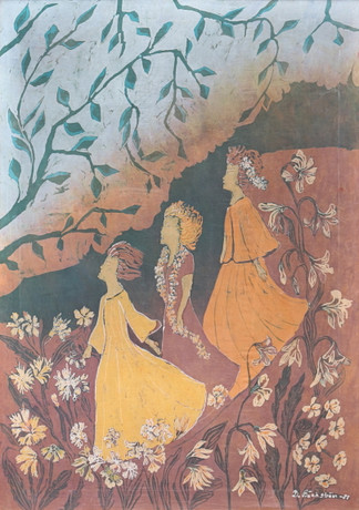 DAGNY BÄCKSTRÖM. Batiktavla, blomsterfickor, signerad och daterad -88 ...