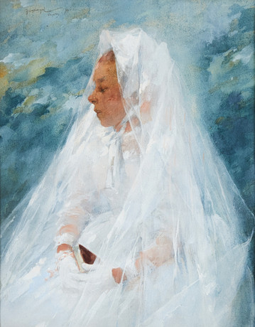 JULES WENGEL (1865–1934). Porträtt av flicka i brudslöja, akvarell ...