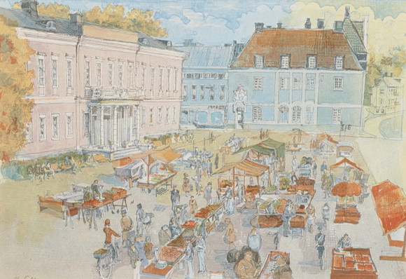 CLAES FOLCKER. Växjö torg, färglitografi, signerad och numrerad 88/185 ...