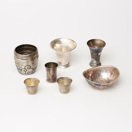 SILVER, 7 parts, bowl, vase and cups, Sweden, Denmark, 1900s. Silver ...
