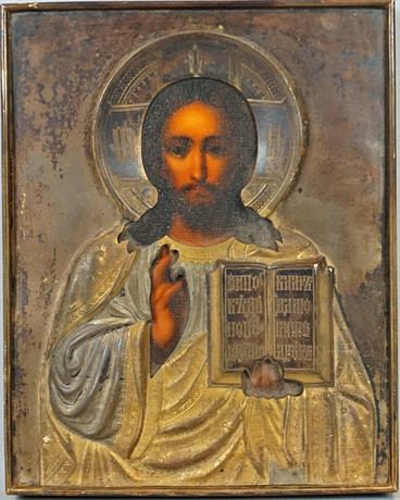 ICON, Christ Pantokrator, Russia, silver rizza, Kokoshnik stamps, tempera on wooden panel, 19th ...