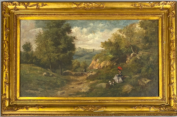 JOSEPH LANGSDALE PICKERING (1845-1912). LANDSCAPE WITH LADY AND DOG ...