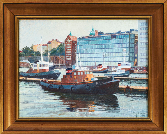 STIG JONZON. "Tugs, Slussen, Stockholm", oil on canvas, signed and ...