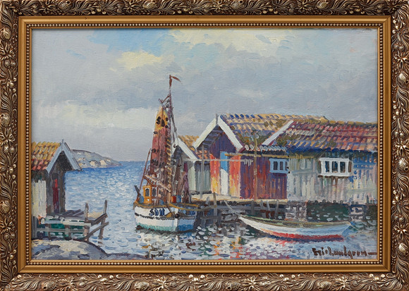 ERIC LUNDGREN. Kustbild med fiskebodar, olja på duk, signerad. Konst ...