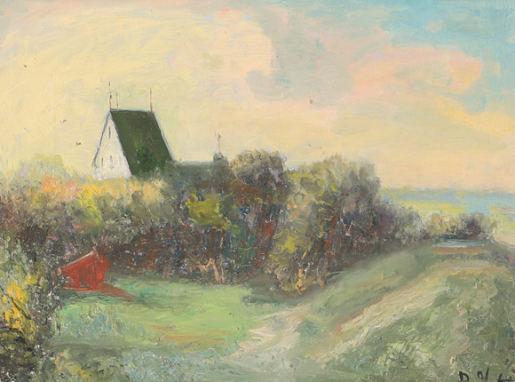 DAVID SLETTE. Landskap med kyrka, olja på pannå, signerad D. Slette ...