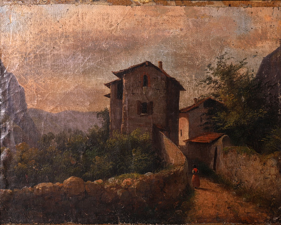 ANONYMOUS XVIII-XIX C "LANDSCAPE WITH FIGURE AND HOUSES" OIL ON CANVAS ...