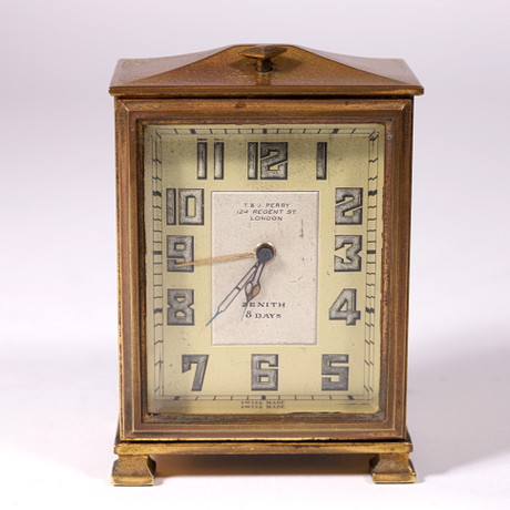 ZENITH SWISS ALARM CLOCK, IN GOLD METAL DECO STYLE, CIRCA 1930. 8 DAYS ...