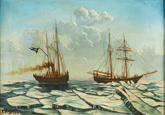 OKÄND KONSTNÄR (1800-tal), Bärgning av svenskflaggat fartyg genom ishav ...