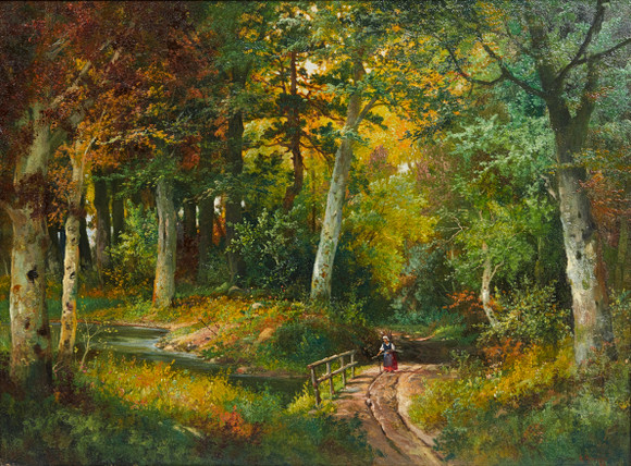 ALWIN ARNEGGER. Målning, skogslandskap med bondekvinna. Konst - Måleri ...