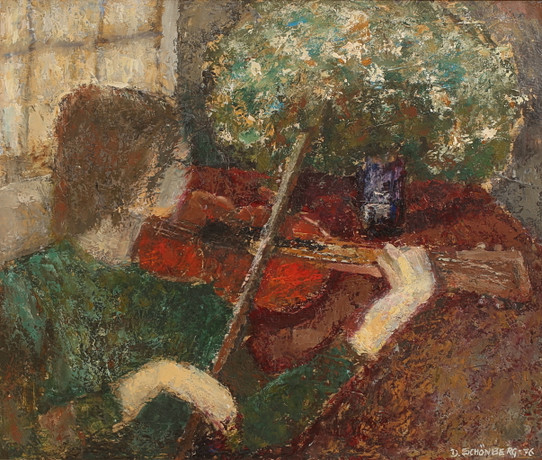 DAGNY SCHÖNBERG. Olja på pannå, "Fiolspelaren -76", signerad. Konst ...