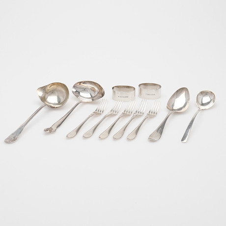 SILVERBESTICK OCH SERVIETTRINGAR, 9+2 DELAR, Sverige, mm. 352 g. Silver ...