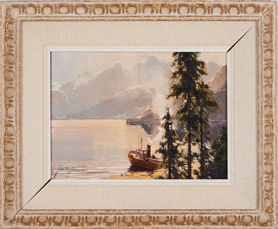 JAN BOHUMIL POSPISIL (1898-1968). Fjord landscape with steamboat, oil ...