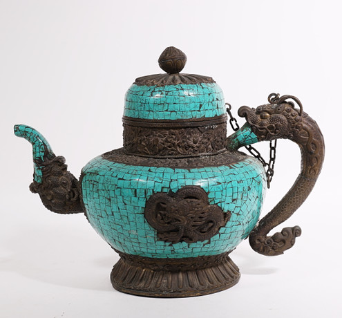 LARGE ORIENTAL TEAPOT CIRCA 1900 WITH TURQUOISE AND COPPER MOSAIC ...