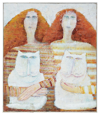 V.S. HENCLOVA. "Red-Haired Twin Couple with White Cats". Oil on canvas ...
