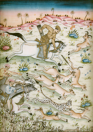 "MINIATURE PAINTING PERSIAN HUNTING SCENE". Various figures in a hilly ...