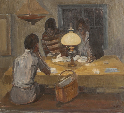 GUSTAF ADOLF FAHLE. Oil on canvas, "By the studio lamp", signed. Art ...