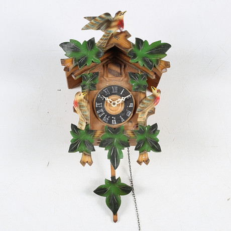 CUCKOO CLOCK, wooden frame, 20th century. Two plumb bobs and pendulum ...