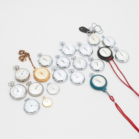 STOP WATCH, 13 pcs, and POCKET WATCH, 7 pcs, steel double. Clocks ...