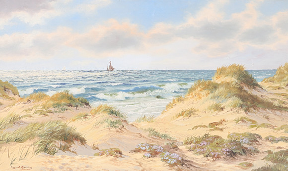 AUGUST HÆRNING. Strandparti med båtar, olja på duk, signerad. Konst ...