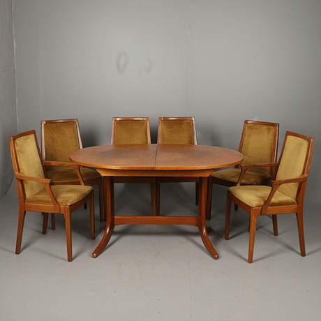 A SET OF SIX NATHAN TEAK AND UPHOLSTERED DINING CHAIRS AND A NATHAN ...