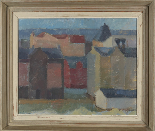 MAY ÖSTBERG (1907-1966). Olja på pannå, husfasader, motiv från Gävle ...